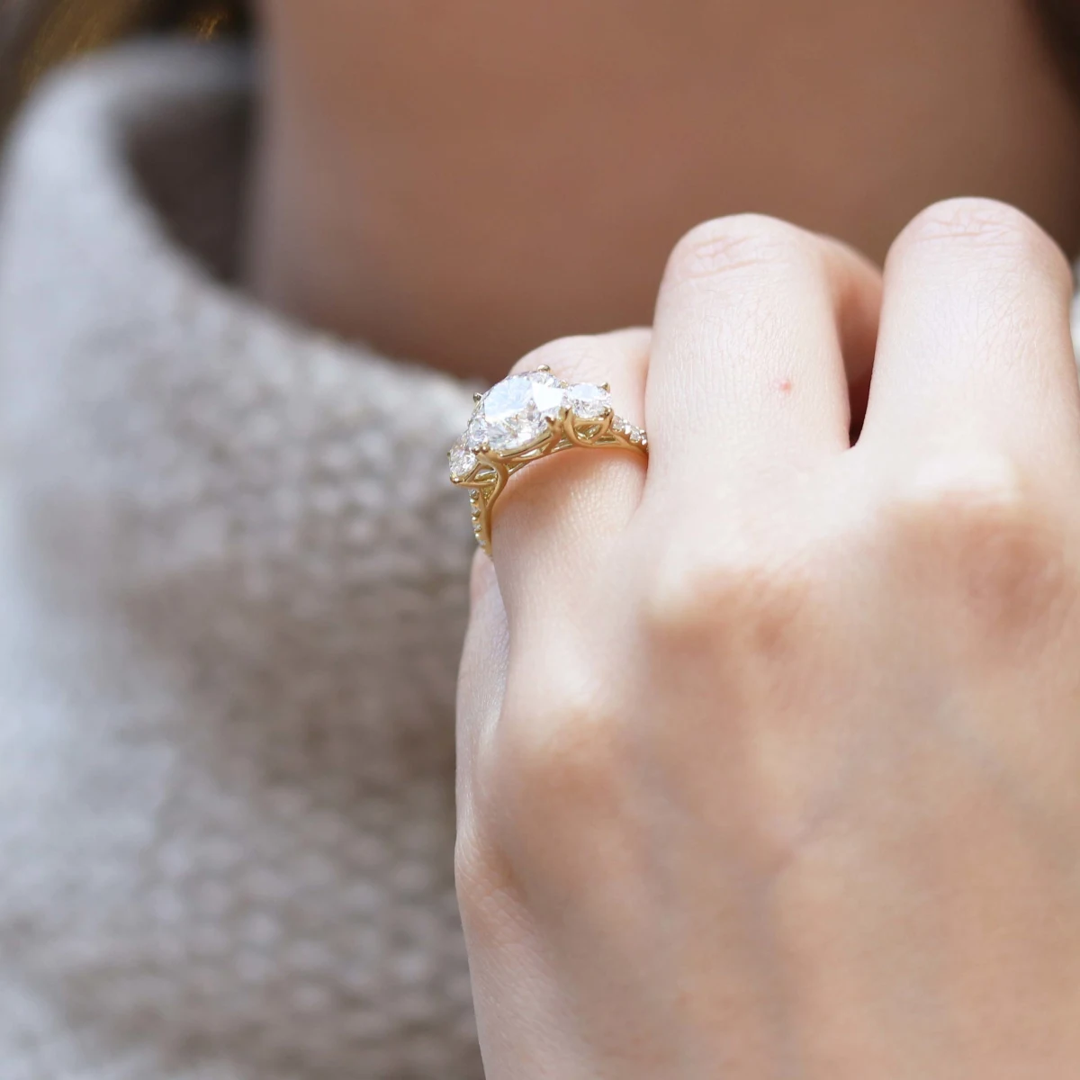 Round Three Stone Pavé Diamond Engagement Ring